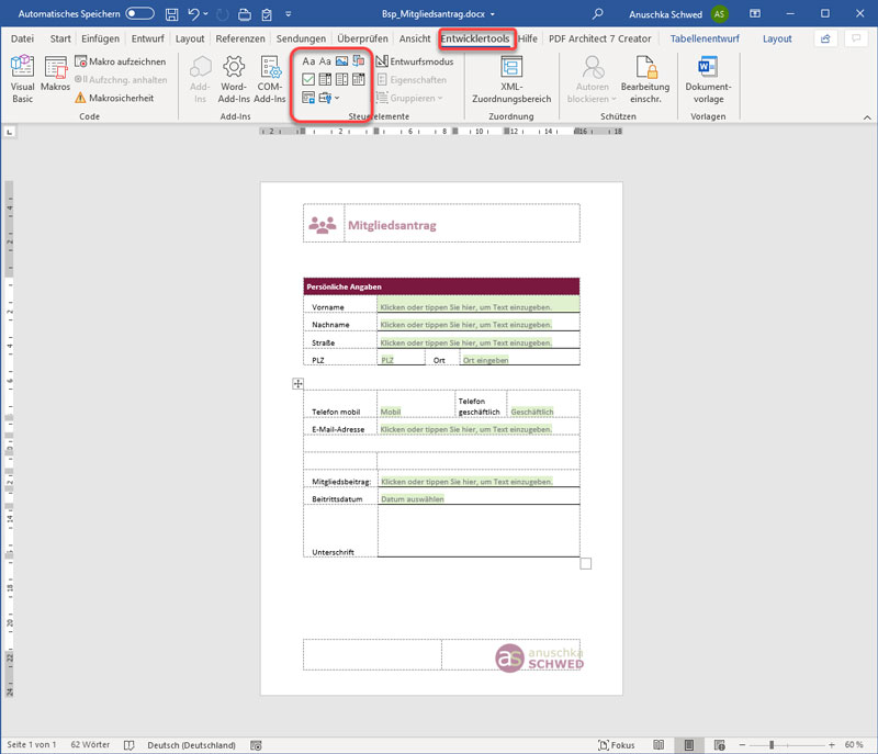 Word - Formulare erstellen | Anuschka Schwed