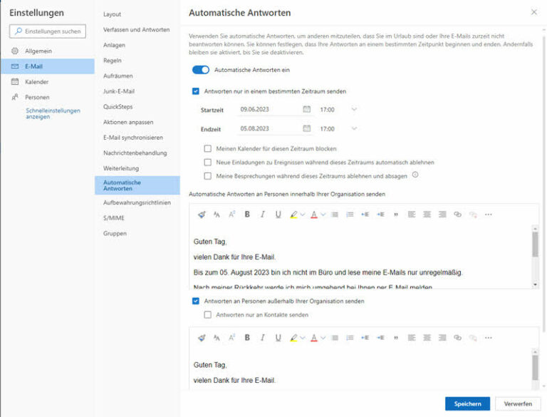 Outlook Abwesenheitsnachrichten (Autoresponder, Automatische Antworten ...